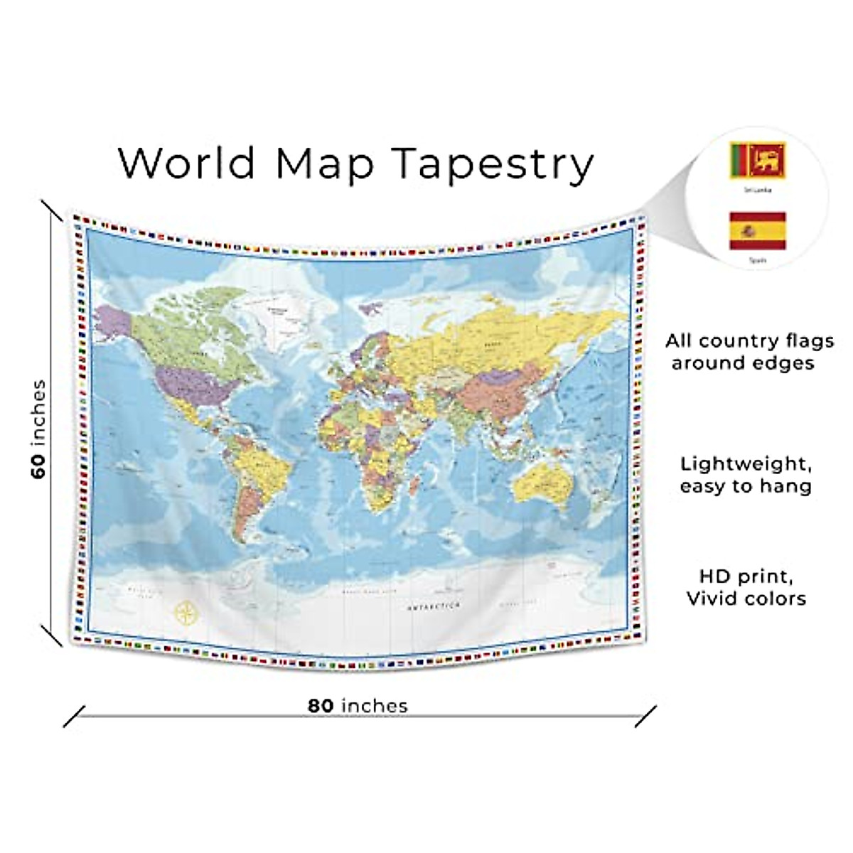 Large World Map Tapestry Wall Hanging Tapestry World Map For Kids Educational Tapestry With Country Flags World Map for Classroom Decor Kids Room Home Traveling Geography Students 60x80 In