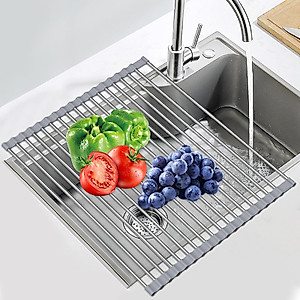 Sindax Roll Up Dish Drying Rack, 23‘’x13'' Stretchable Stainless Steel Over The Sink Dish Rack Multifunctional Foldable Over Sink Rack with Utensil Holder for Kitchen