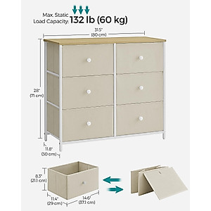 SONGMICS Bedroom, Chest, 6 Drawer, Closet Fabric Dresser with Metal Frame, by The yard, Camel Yellow + Cream White