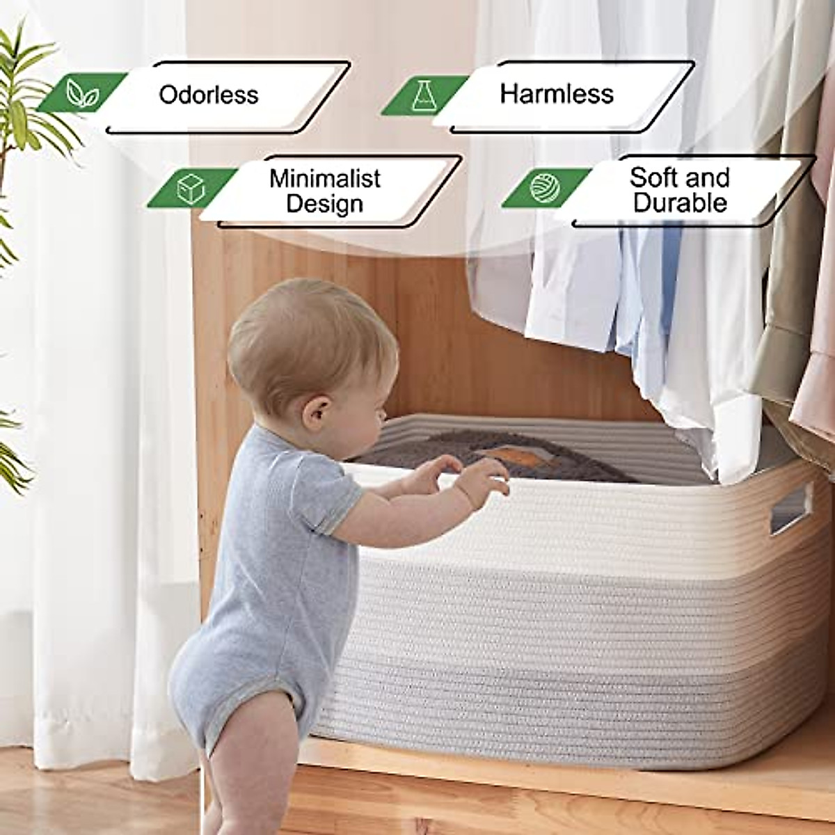 OIAHOMY Cotton Rope Basket 71L - Blanket Basket Living Room,Kids Woven Basket with Handle, Nursery Storage Basket,Baby and doy Toy Baskets Bin, Gradient Grey