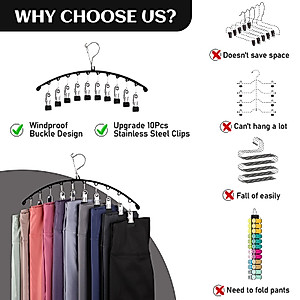Legging Organizer & Pants Hangers for Closet, 4 Pack/40 Clips Metal Pants Hangers with Rubber Coated Clips, Hanging Storage Closet Organizer for Hat/Shorts/Jeans/Yoga Pants/Scarves/Clothes (Black)