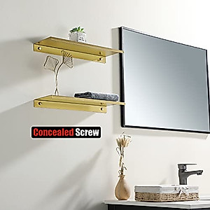 JQK Floating Shelves, Gold Wall Shelves for Bathroom/Living Room/Bedroom/Kitchen Decor, Wall Mounted Set of 2, 16 Inch Metal Golden, FSL16-BG-P2