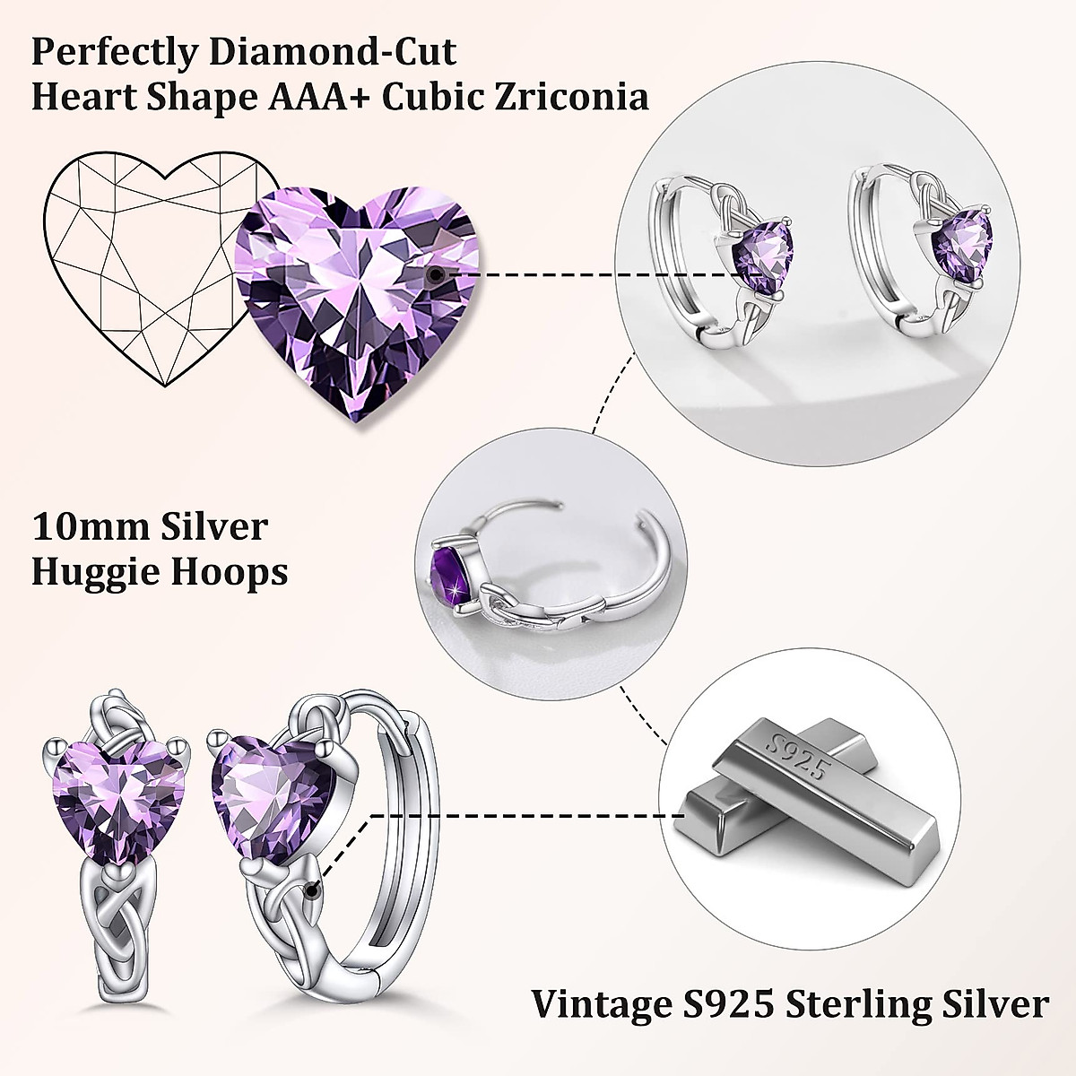 Bestyle Silver Hoop Earrings CZ Created Heart Diamond Hoops | Classic Silver February Amethyst Birthstone Earrings for Women, Great Birthday Gift for Daughter/Wife/Mom/Grandma