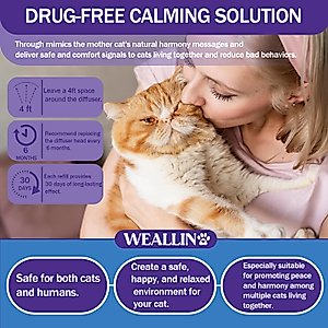 WEALLIN Cat Calming Diffuser Kit - Cat Pheromones Calming Diffuser Relieve Anxiety & Stress - 5-in-1 Cat Pheromone Diffuser Kit with 1 Diffuser + 4 Refill 48ml Vial-120 Days of Comfort and Relaxation
