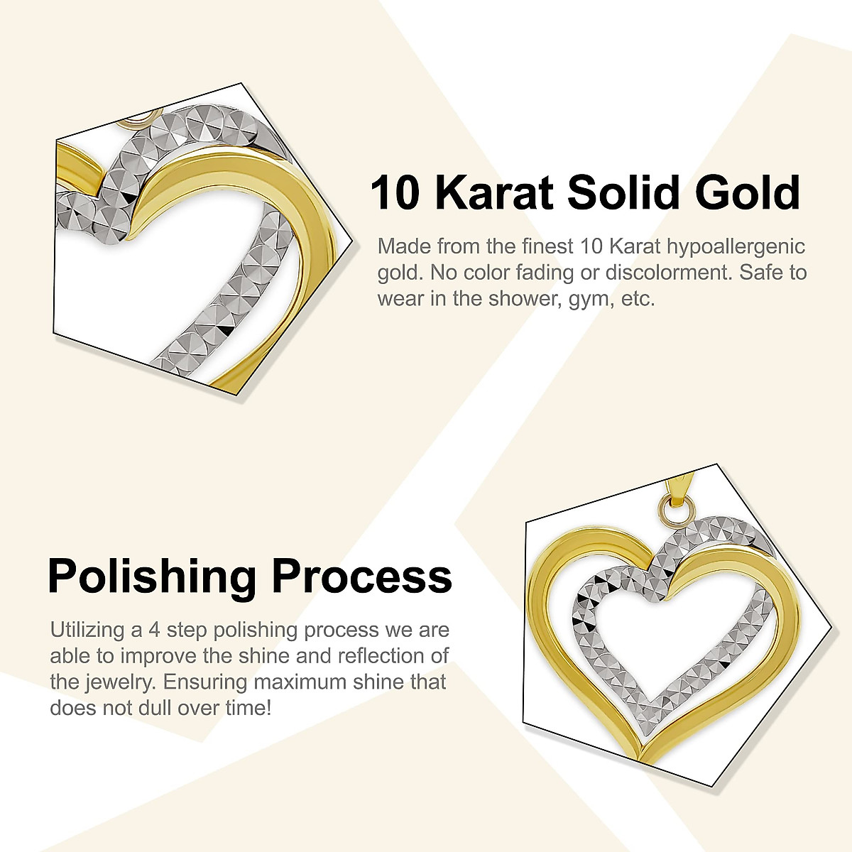 Charm America - Gold Double Heart Charm - 10 Karat Solid Gold - Diamond-cut Heart Pendant