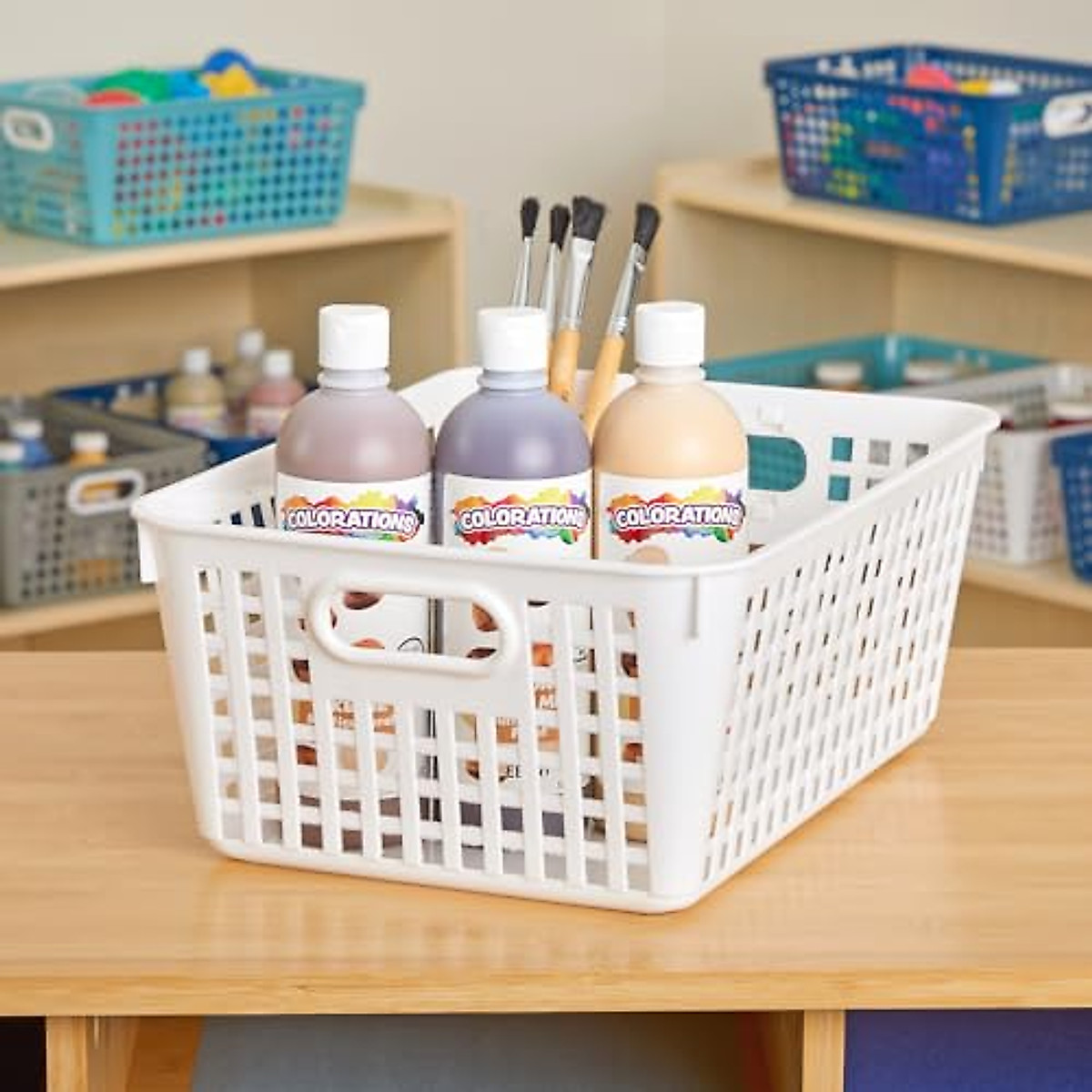 Really Good Stuff Large Plastic Book Baskets, 13?" by 10" by 5?" - 6 Pack, White| Classroom Library Organizer, Toy Storage, Multi-Purpose Organizer Basket