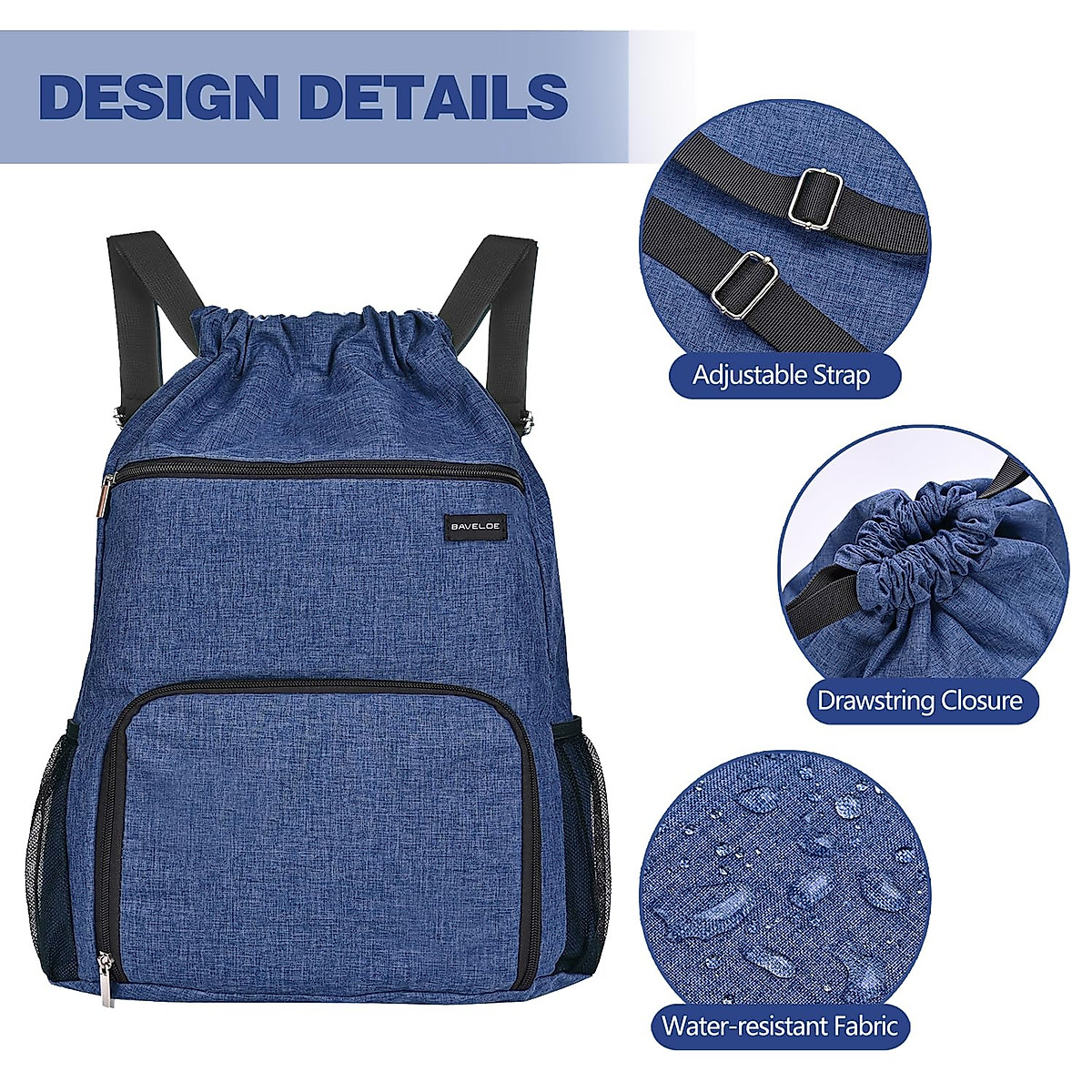 BAVELOE Drawstring Backpack Sports Gym Bag Wet Pocket & Shoe Compartment, Water-Resistant String Bag for Women Men(Navy Blue)