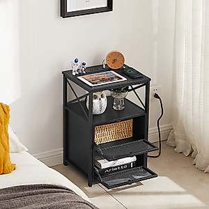 VECELO Black End Table Set of 2 with USB Ports and Outlets,24Inch Nightstands with Charging Station and Storage Shelf for Bedroom,Living Room