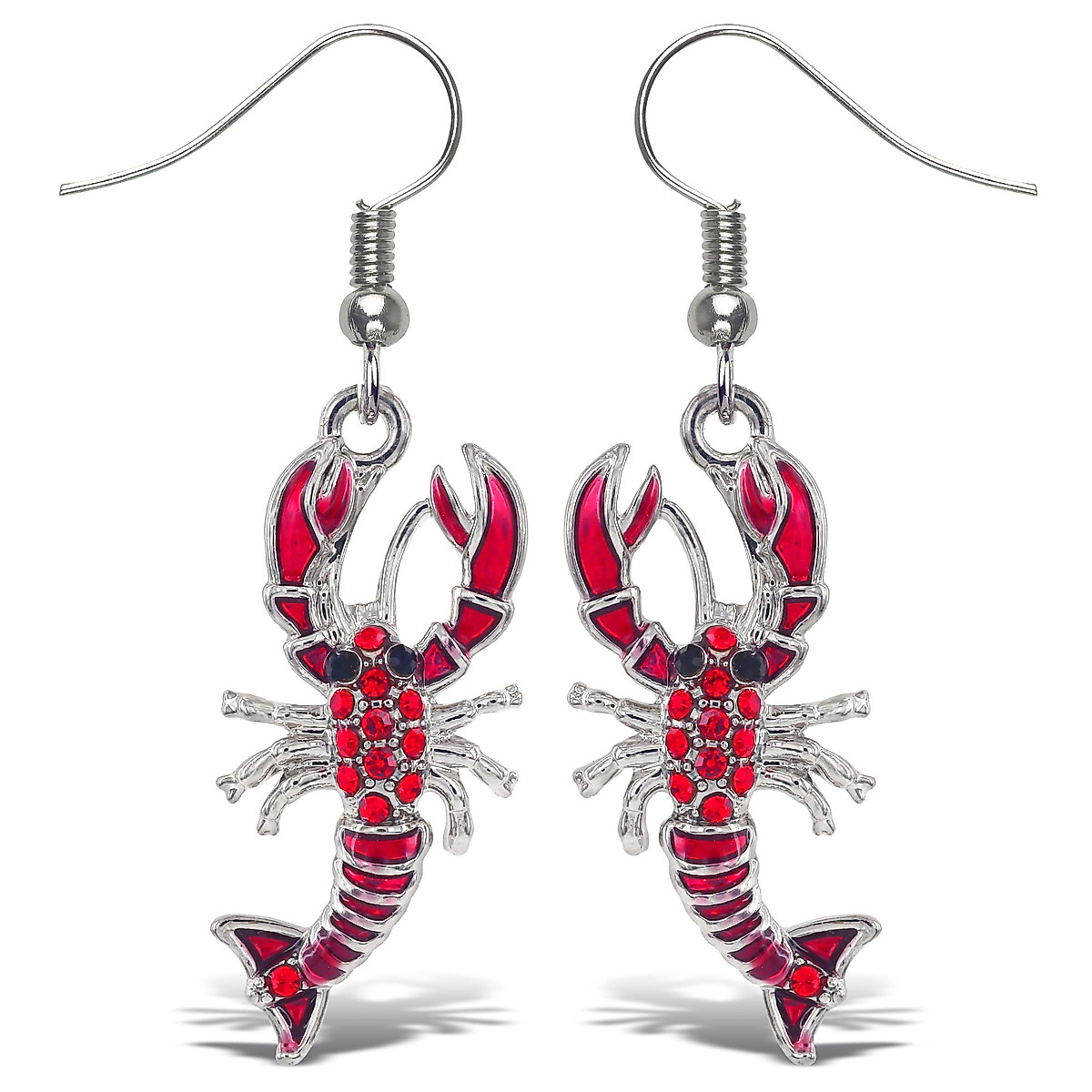 Aqua79 Red Lobster Silver Dangle Earrings - Fashion Jewelry Rhinestone Earring Hook Silver Jewelry, Zinc Alloy Fish Hook Earrings, Cute Earrings Perfect Summer Accessories for Women - 1 Inch