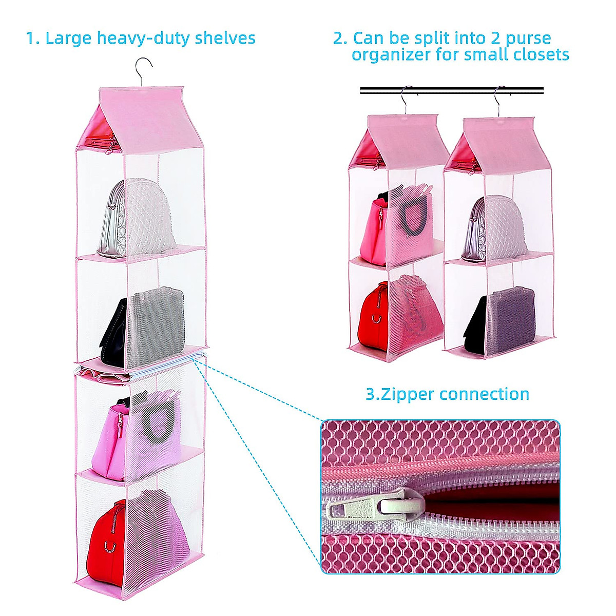 KEEPJOY Closet Purse Organizer, Hanging Handbag Organizer with 4 Heavy-Duty Mesh Shelves Closet Purse Storage Bag (Pink)