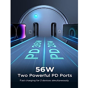 USB C Car Charger, 56W Fast Charger Type C AINOPE Mini 2-Port Cigarette Lighter USB Charger, PD 3.0 Dual Car Charger Adapter for iPhone 14 13 12 11 Pro Max X, Galaxy S22/S20/S10, Pixel