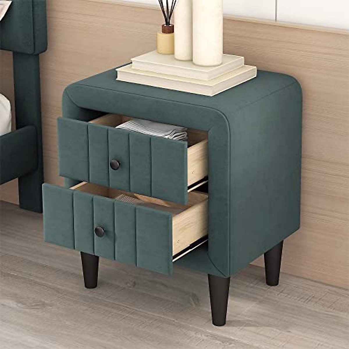 Merax Nightstand Green Modern Upholstered 2 Drawers Velvet Bedside End Table with Knobs for for Kids Women Men