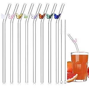 8 Pcs Glass Straws with Butterflies 8 mm x 7.9 Reusable Glass Straws Colorful Glass Butterfly Straws Shatter Resistant Bent Drinking Straws with 2 Cleaning Brushes for Smoothie Juice Beverages