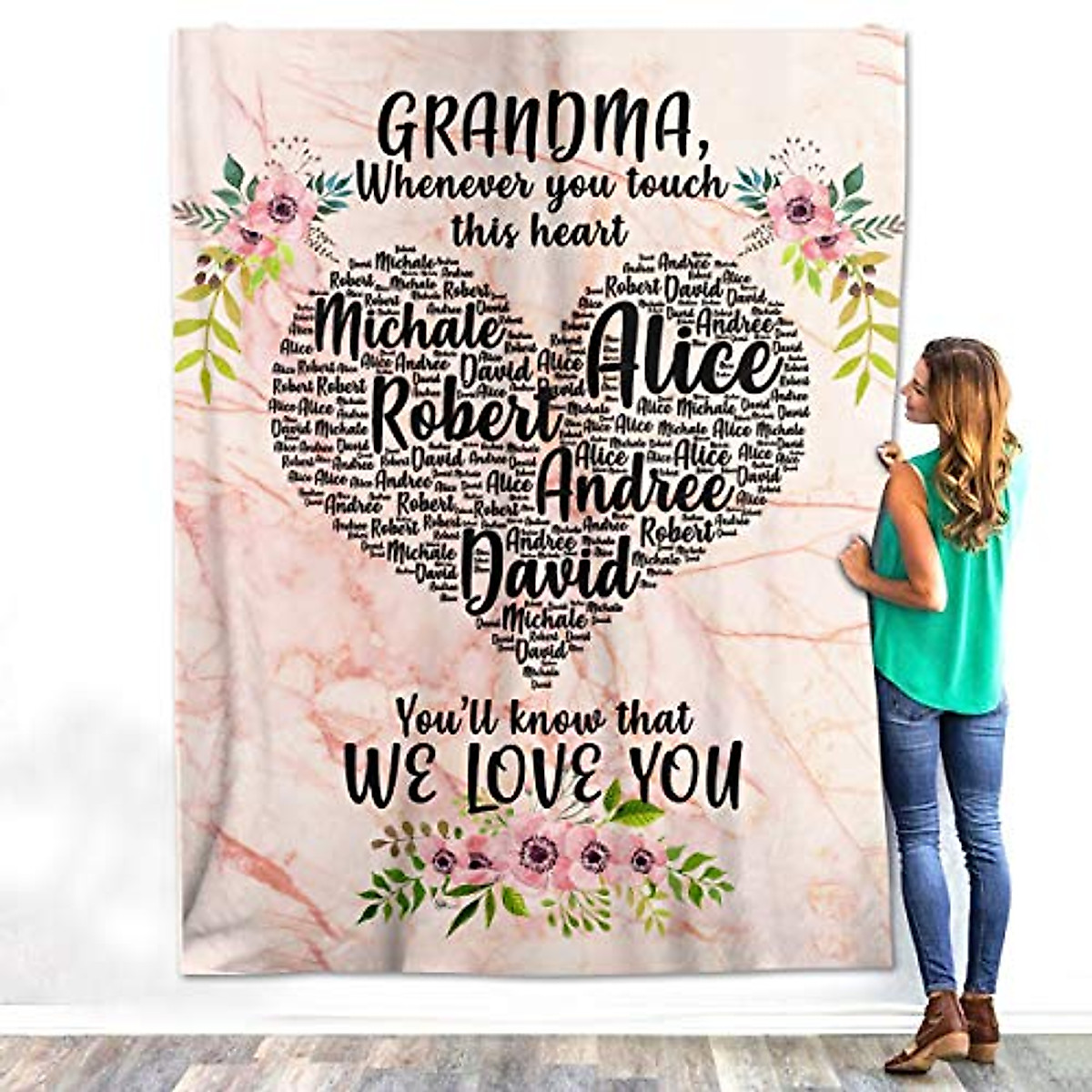 VTH GLOBAL Personalized Custom Grandma Grandkids Names Mothers Day Fleece Sherpa Throw Blankets Birthday Present for Nana Mimi Gigi Grandmother from Granddaughter Grandson (Pink Touch Heart)