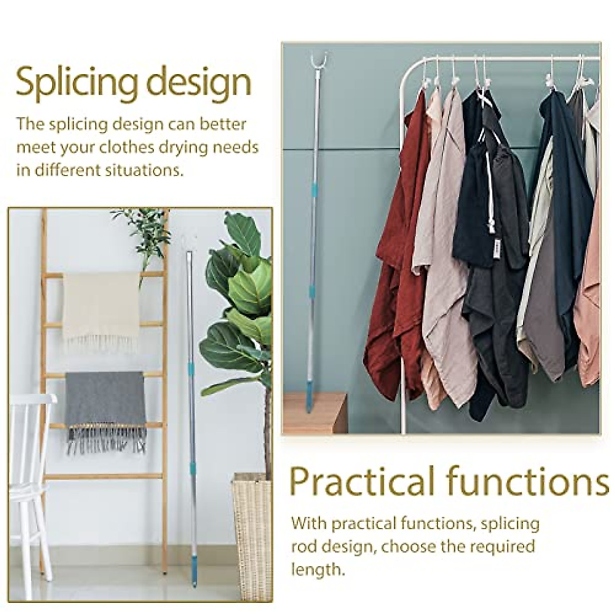 Homoyoyo Clothes Rack Multi Functional Clothes Pole Clothes Hanger Rod Wardrobe Hook Pole Splicing Pole Hook Home Balcony Clothing Reach Pole Garment Pole Outdoor Apparel Closet Rod