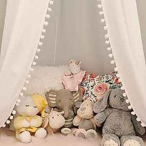 LOAOL Kids Bed Canopy with Pom Pom Cotton Canopy for Crib Baby Girl Netting Cover Canopy Crib Curtain Reading Nook Hanging Tent Nursery Play Game Castle House Decoration (White Pompom)