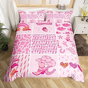 Feelyou Pink Western Decor Comforter Cover Set Full Size Wild West Cowgirl Bedding Set Children Cowgirl Boots Hats Horseshoes Bedding Duvet Cover Set Patchwork Grid Bedspread Cover 3Pcs(No Comforter)