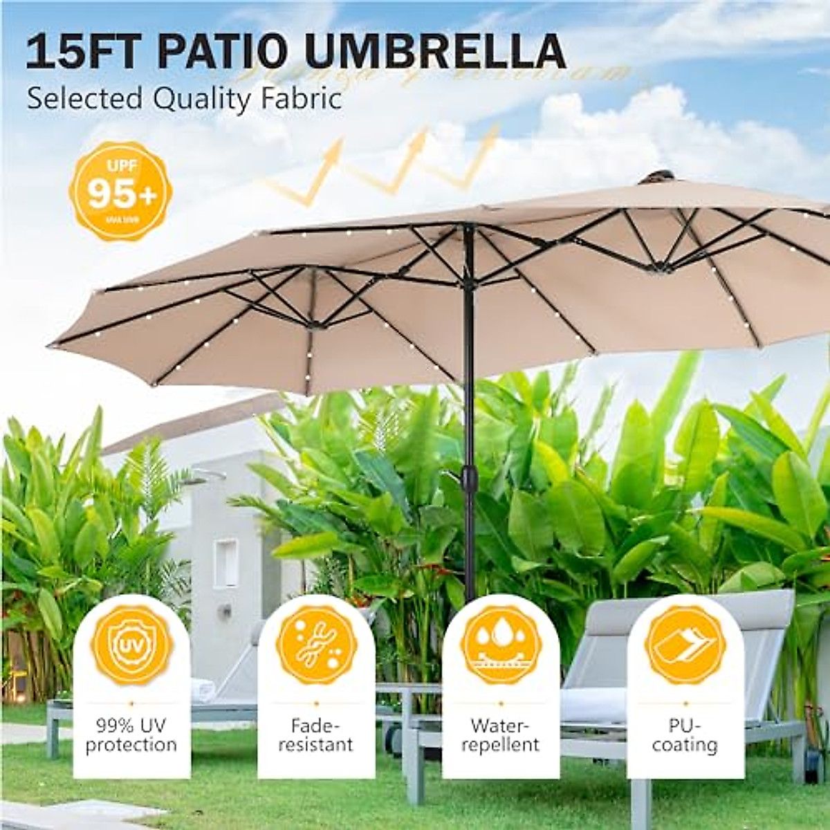 Sophia & William 15ft Patio Umbrella with Lights (Base Included), Extra Large Outdoor Double-sided Umbrella, Beige
