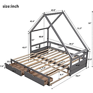 STP-Y Extending Daybed with Trundle Bed and Two Storage Drawers, Twin Size/King Size Solid Wood Daybed Frame, Wooden House Daybed for Teens Girls Boys, No Box Spring Needed, Easy Assembly, Grey