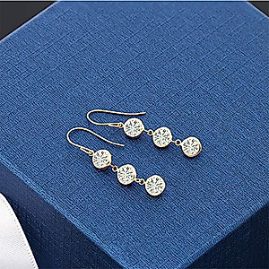 14K Yellow Gold Forever Classic Moissanite by Charles & Colvard Dangle Long 3-Stone Earrings For Women (3.00 Cttw, Gemstone Birthstone, Round 5MM, 1 Inch)