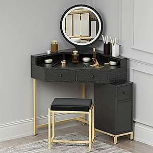 Visiblesser Corner Vanity Desk with Mirror and Lights, Black Vanity Table with Drawers, Dressing Table with 3 Dimming Lights, Corner Makeup Vanity with Stool