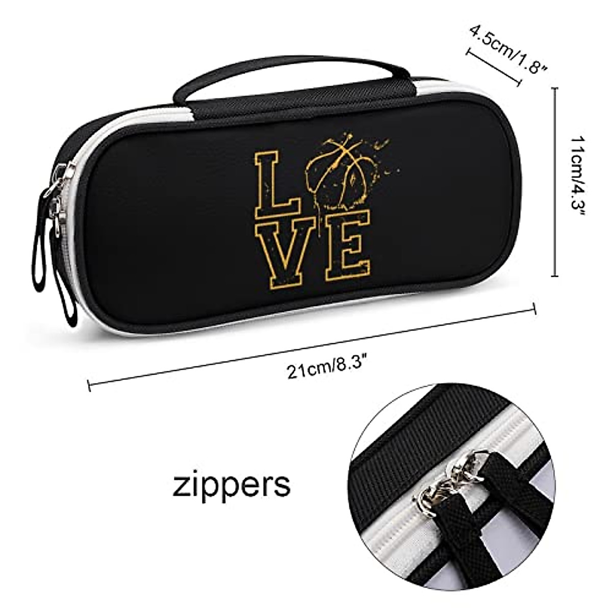Love Basketball Printed Pencil Case Bag Stationery Pouch with Handle Portable Makeup Bag Desk Organizer