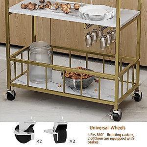 Azheruol Bar Cart White Marble 3 Tiers Removable Storage Tray with Wine Rack & Wine Glasses Holder,Rolling Beverage Cart,Mobile with Handle, Wood & Gold Steels Home Kitchen Shelf for Party