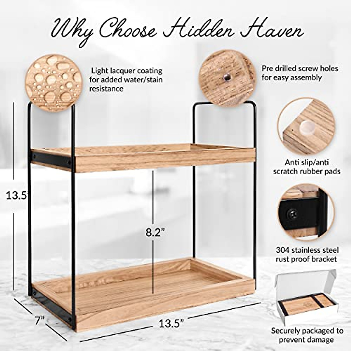 Hidden Haven - Upgraded - 2 Tier Wooden Countertop Organizer Lightly Lacquered to Resist Water and Stains - Multi-Use Organizer - Bathroom Organizer, Kitchen Organizer (Natural Wood)