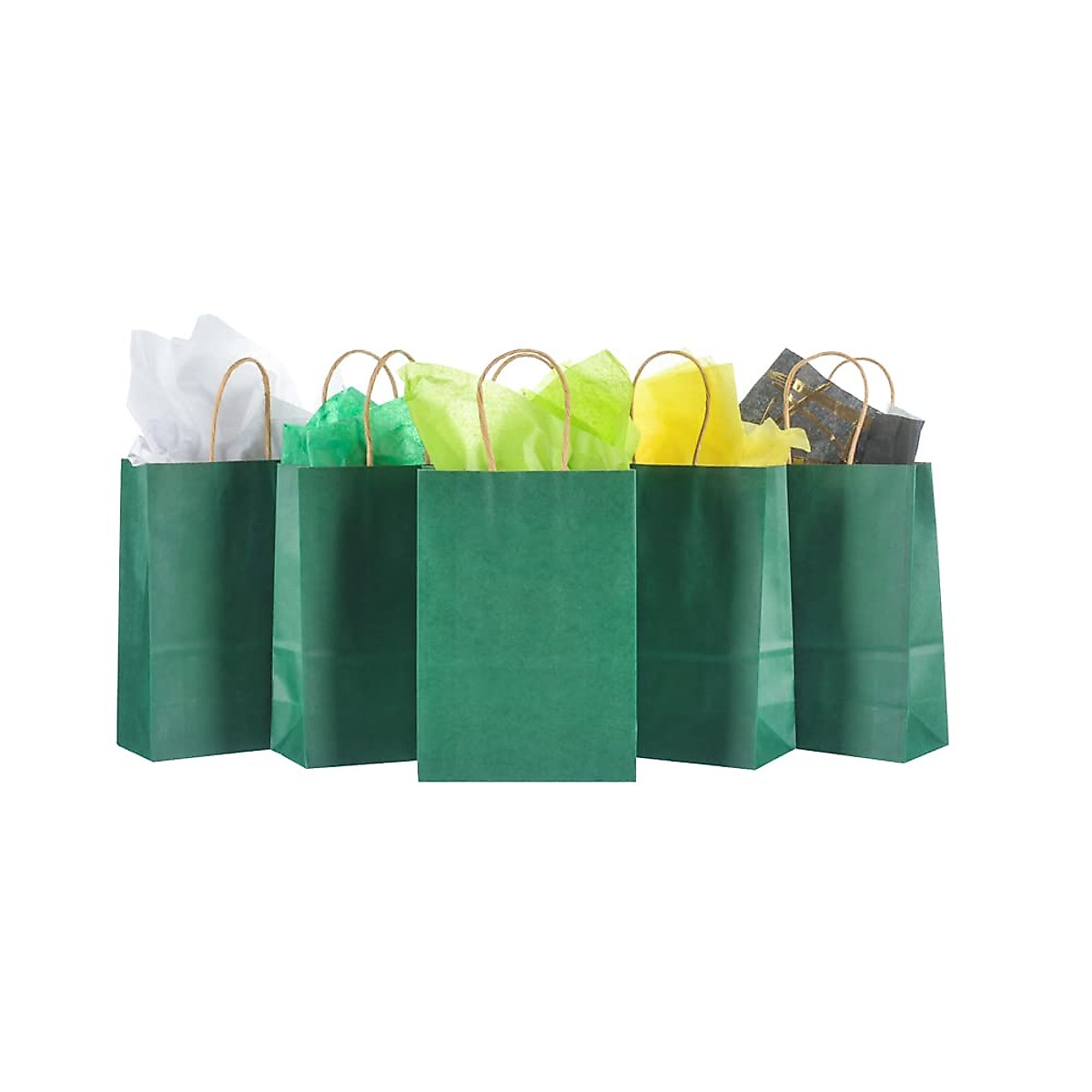 Small Dark Green Paper Bag with Handle Party Favor Bag 8.2x5.9x3 inch for Christmas Birthday Summer Jungle Party Recycled Bag, Pack of 12
