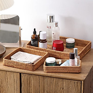 Rattan Serving Tray, Rectangular Woven Tray, Natural Wicker Decorative Serving Baskets for Organizing Tabletop Bathroom Kitchen Counter (Natural)