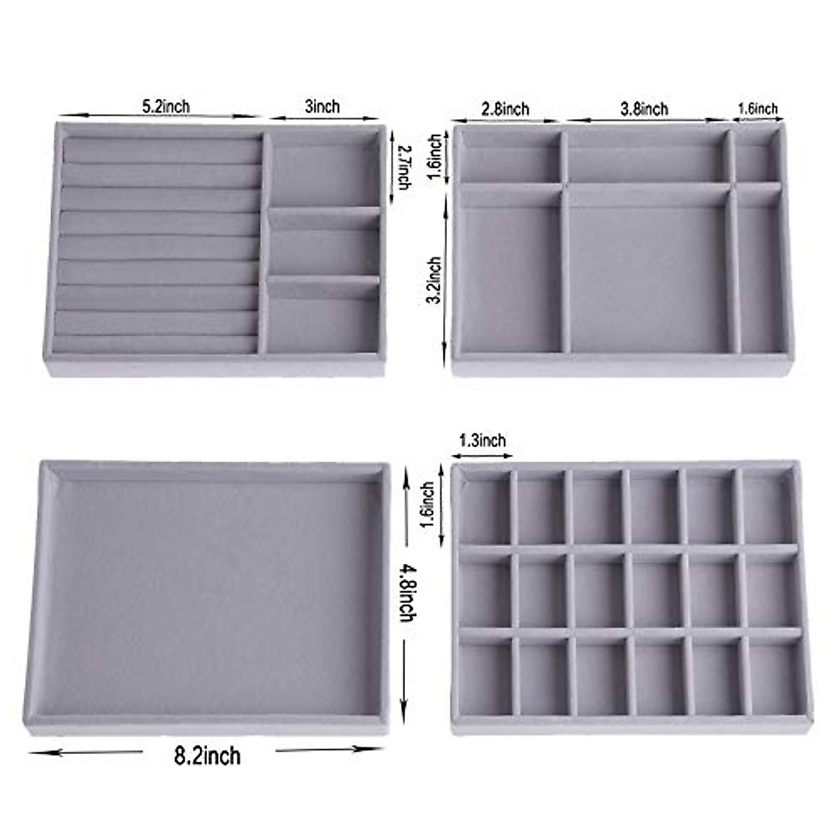 Jewelry Trays Organizer, Stackable Closet Dresser Drawer Accessories Tray Set of 4 Drawer Organizer for Earring, Ring, Gadgets & Cosmetics, Display Organizer Necklace Storage Showcase Bracelet Removable Tray