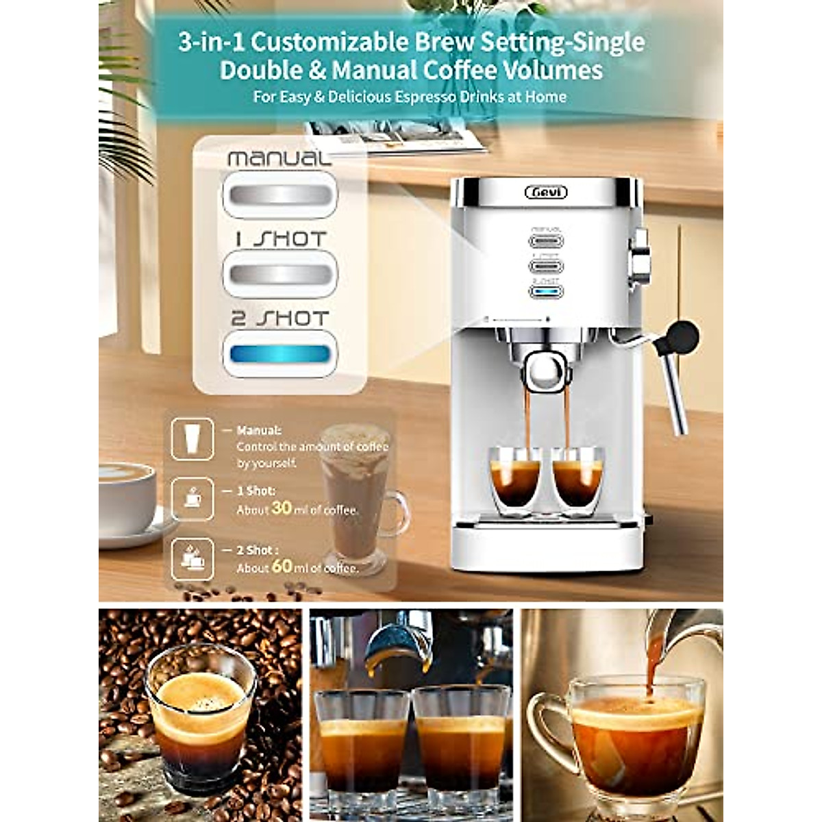 Gevi 20 Bar High Pressure Espresso Machines, Expresso Coffee Machine with Milk Frother for Espresso, Latte Macchiato, Cuppuccino,1.2L Water Tank, 1350W