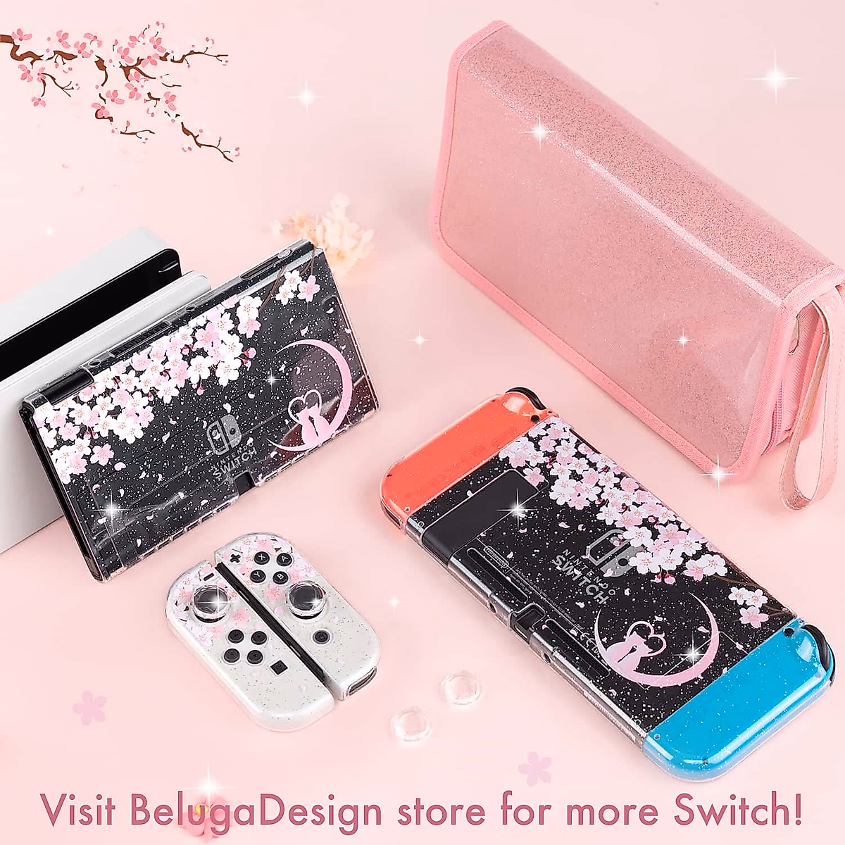 BelugaDesign Sakura Cat Glitter Case | Moon Heart Pink Cherry Blossom Japanese Anime Shell | Compatible with Nintendo Switch OLED | Dockable Crystal Protective Cover (Switch OLED, Clear Pink)