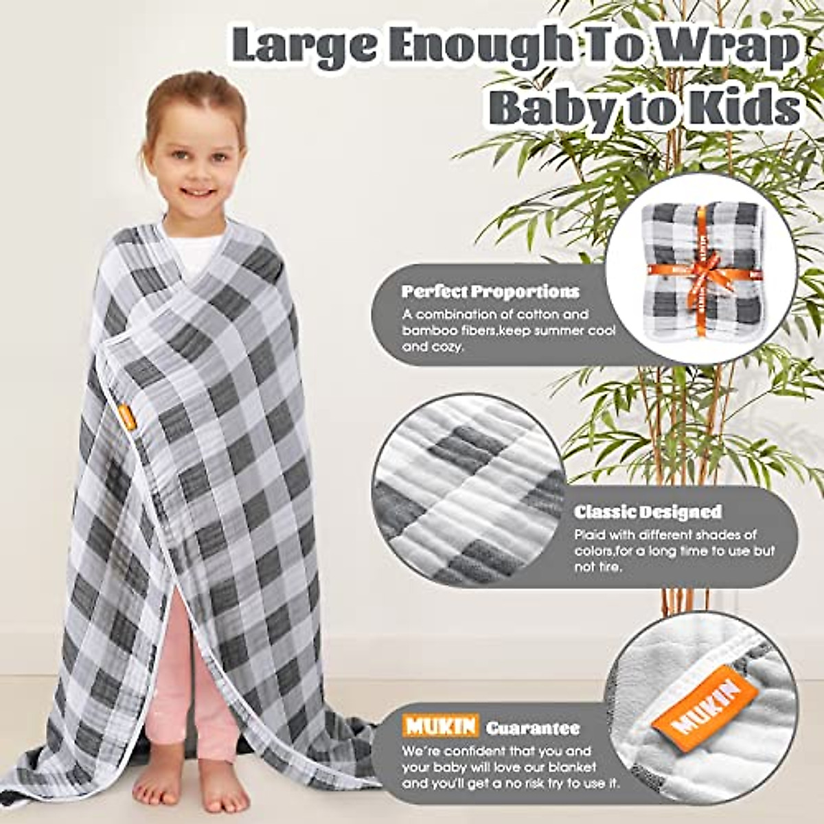 Baby Muslin Blankets Neutral Cotton Receiving Swaddle Blanket, Large Baby Quilts for Girls Boys. Also for Newborn Nursing Cover, Baby Bath Towels, Toddler Blanket for Crib (Grey,White)