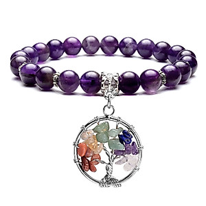 Top Plaza Amethyst Healing Crystals Beaded Bracelet 7 Chakra Yoga Meditation Stone Bracelets Life Tree Stretch Bracelet for Women