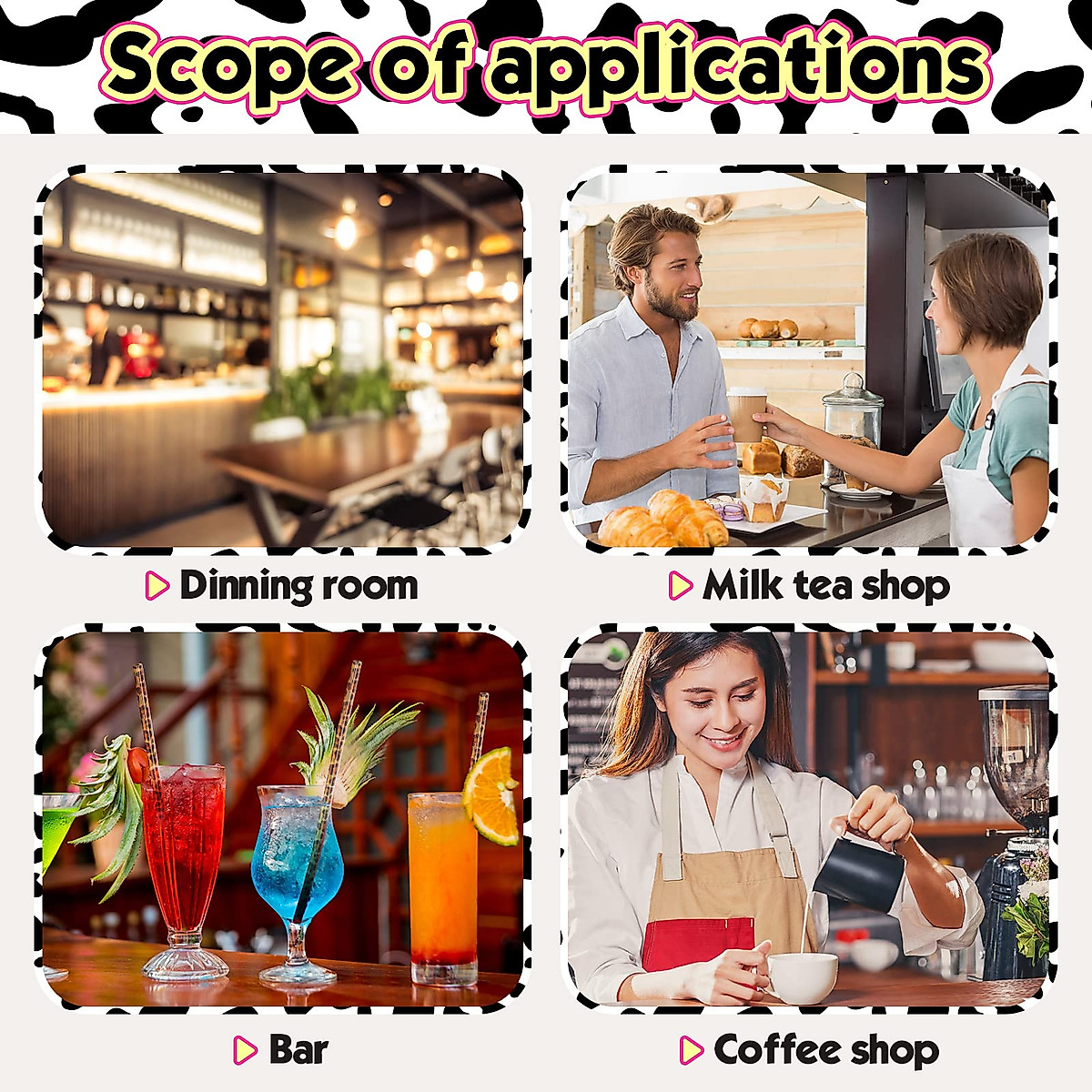 Suclain Cow Print Reusable Plastic Straws Black Tumbler Straws Animal Cow Straws with 2 Cleaning Brush for Cow Birthday Party Supplies(26 Pieces)