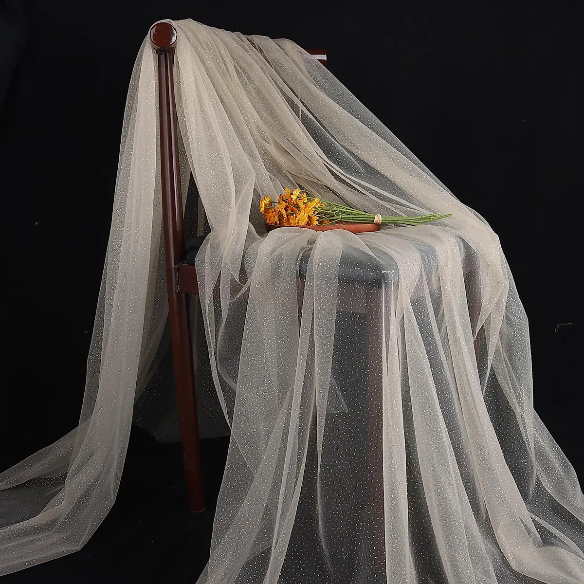 HAVII 60" x 8 Yards Champagne Glitter Tulle Fabric Rolls Sequin Sheer Fabric for Bridal Veil Wedding Arch Backdrop Decor Tutu Skirts DIY Sewing Craft