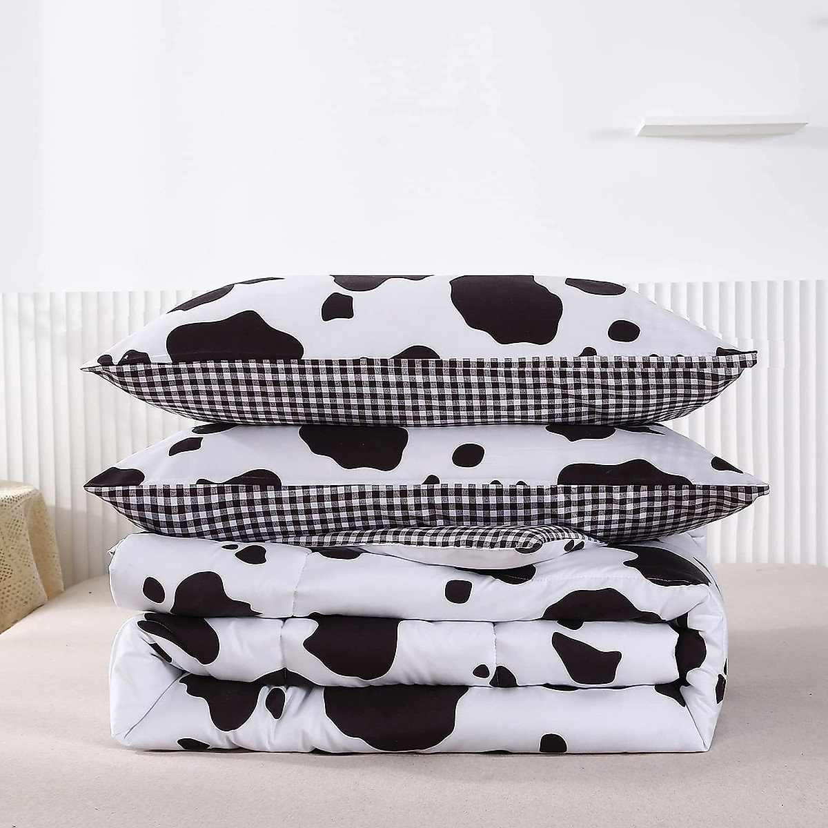 Mengersi Cow Print Bedding Comforter Set King Bed,Black and White Reversible Milk Geometric Checkered Bedding Sets for Kids Boys Aduls Toddler
