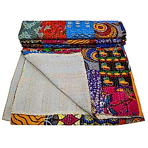 Maviss Homes Beautiful Indian Traditional Patchwork Super Soft Cotton Double Kantha Quilt | Throw Blanket Bedspreads | Cozy Blanket Quilt | Easy Machine Washable and Dryable; Multicolour