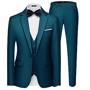MAGE MALE Men's 3 Pieces Suit Elegant Solid One Button Slim Fit Single Breasted Party Blazer Vest Pants Set. Teal Blue