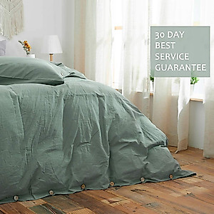 TanNicoor 100% Washed Cotton Duvet Cover Queen Size (90x90 Inch), 3 Pieces (1 Sage Green Duvet Cover + 2 Pillowcases) Soft, Cooling, Breathable Comforter Cover Set with Buttons Closure, Corner Ties