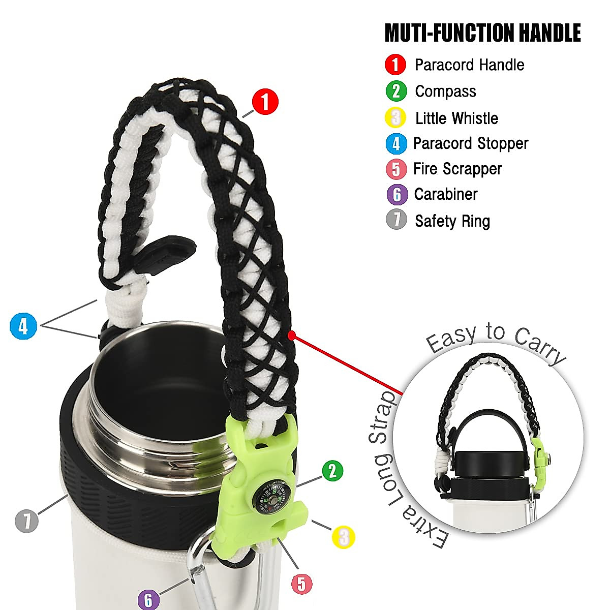 QeeCord Paracord Handle Compatible with Hydro Flask 2.0 Wide Mouth Water Bottle Carrier with New Ring and Carabiner, 12oz, 16oz,18oz, 32oz, 40oz, 64oz (32 oz-40 oz Wide Mouth, Glow White)
