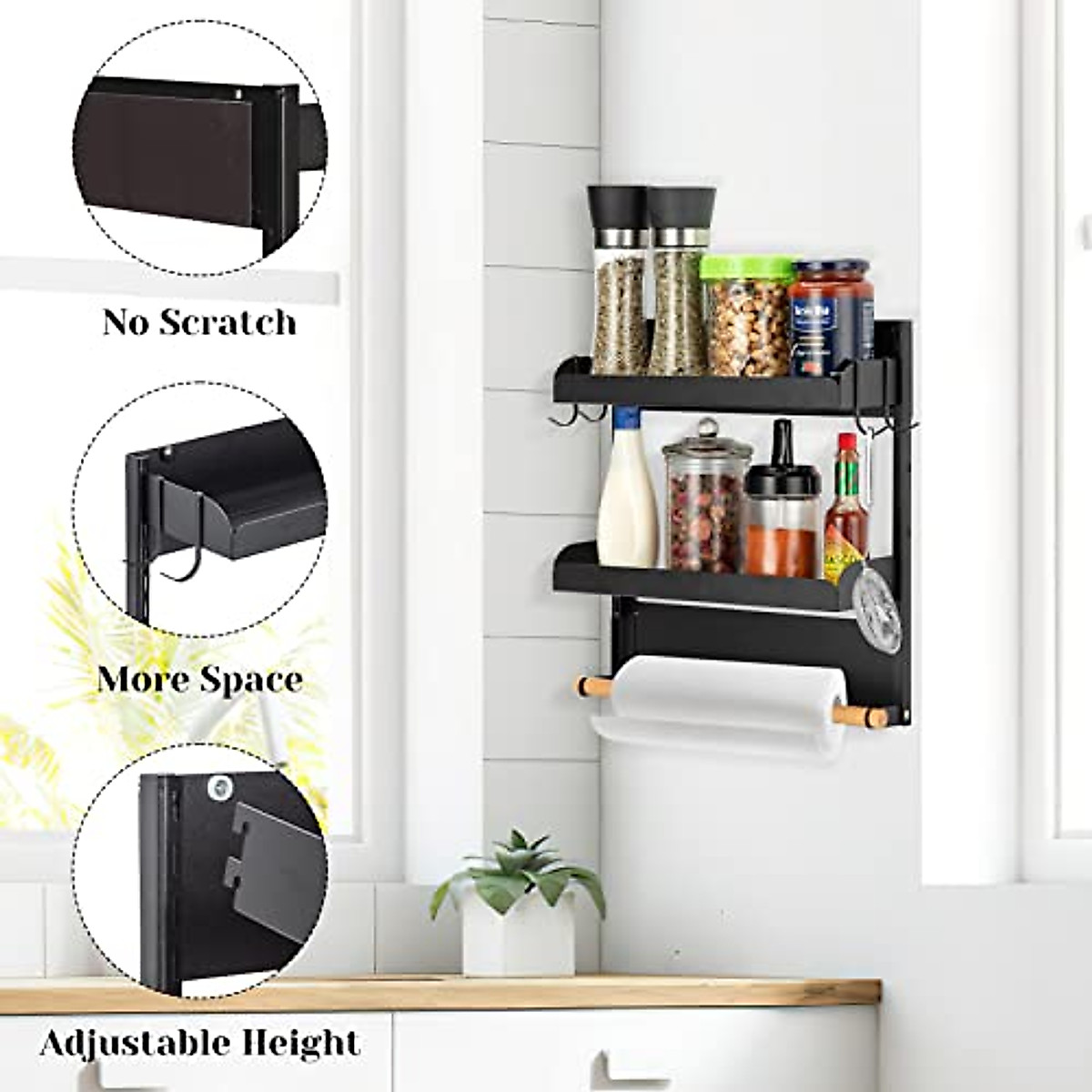 Fashionwu Magnetic Spice Rack, 2 Tier Magnetic Spice Organizer for Refrigerator, Magnetic Shelf with Paper Towel Holder for Kitchen Storage