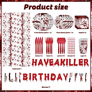MEHOFOND Have a Killer Birthday Decoration, 194PCS Halloween Scream Party Tableware Decorations Include Killer Banner Bloody Hand Print Plates Napkins Tablecloth for Horror Themed Birthday Supplies
