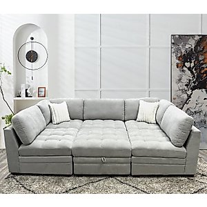 Iconik Living Sectional Modular Couch Sectional Sleeper Sofa Couch with Storage Ottoman Oversized Sofa Bed Sectional Light Gray Set