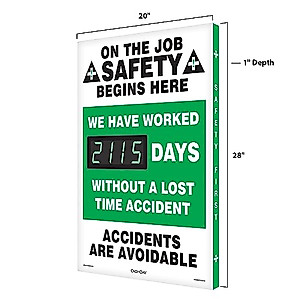 Accuform SCK115 Aluminum Digi-Day Electronic Scoreboard, "ON THE JOB SAFETY BEGINS HERE - WE HAVE WORKED #### DAYS WITHOUT A LOST TIME ACCIDENT - ACCIDENTS ARE AVOIDABLE"