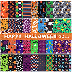 32 Pieces 10 x 10 Inches Halloween Fabric Holiday Quilting Fabric Halloween Fat Quarters Printed Fabric Sewing Craft Fabric Bat Pumpkin Ghost Skull Fabric for DIY Halloween Decor Patchwork Supplies