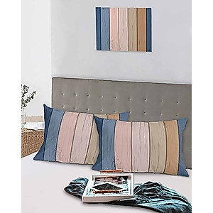 Edwiinsa Blue Pink Ombre Pillow Covers Standard Size Set of 2 20x26 Bed Pillow, Farmhouse Brown Wooden Striped Plush Soft Comfort for Hair/Skin Cooling Pillowcases with Envelop Closure