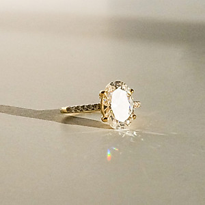 espere 14K Gold 3 Carat Moissanite Oval Engagement Ring with Paved Band | Solid Gold Solitaire Gemstone Enagement Ring (Size 7)