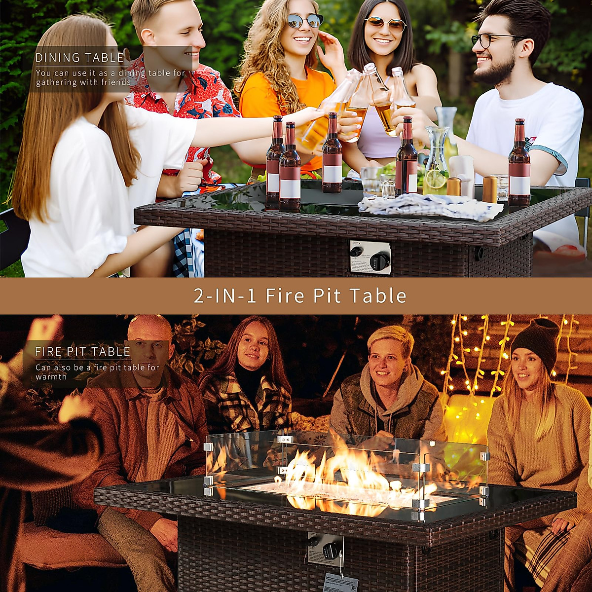 NICESOUL Wicker Outdoor Fire Pit Table Natural Gas/Propane, 43'' Rectangular Firepit Table for Outside, 55000 BTU Patio Fireplace Tables with Windguard&Glass Rocks&Cover, Modern CSA Firepits, Brown